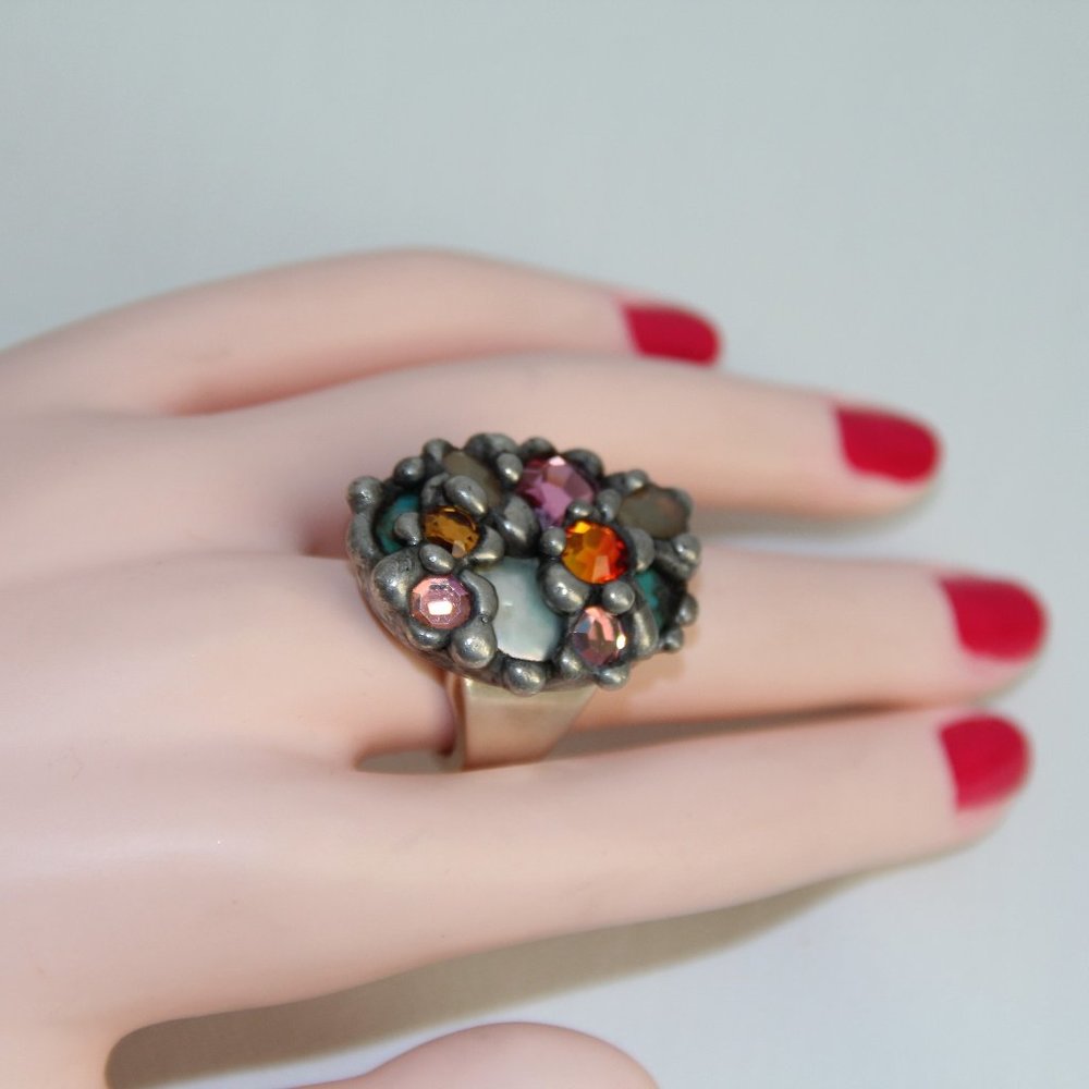 Bold Sterling Silver Multi Crystal & Gemstone Ring - Gem